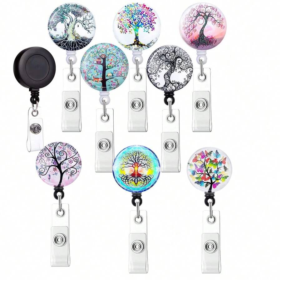 8 Piece Retractable ID Badge Scroll Holder Cute Tree Of Life ID Badge ...