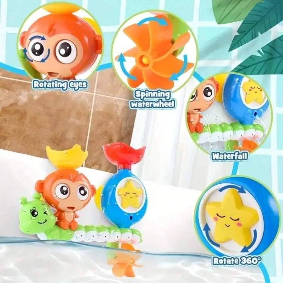 Baby Monkey Suction Cup Bath Toy Set, Including Rotating Waterwheel ...