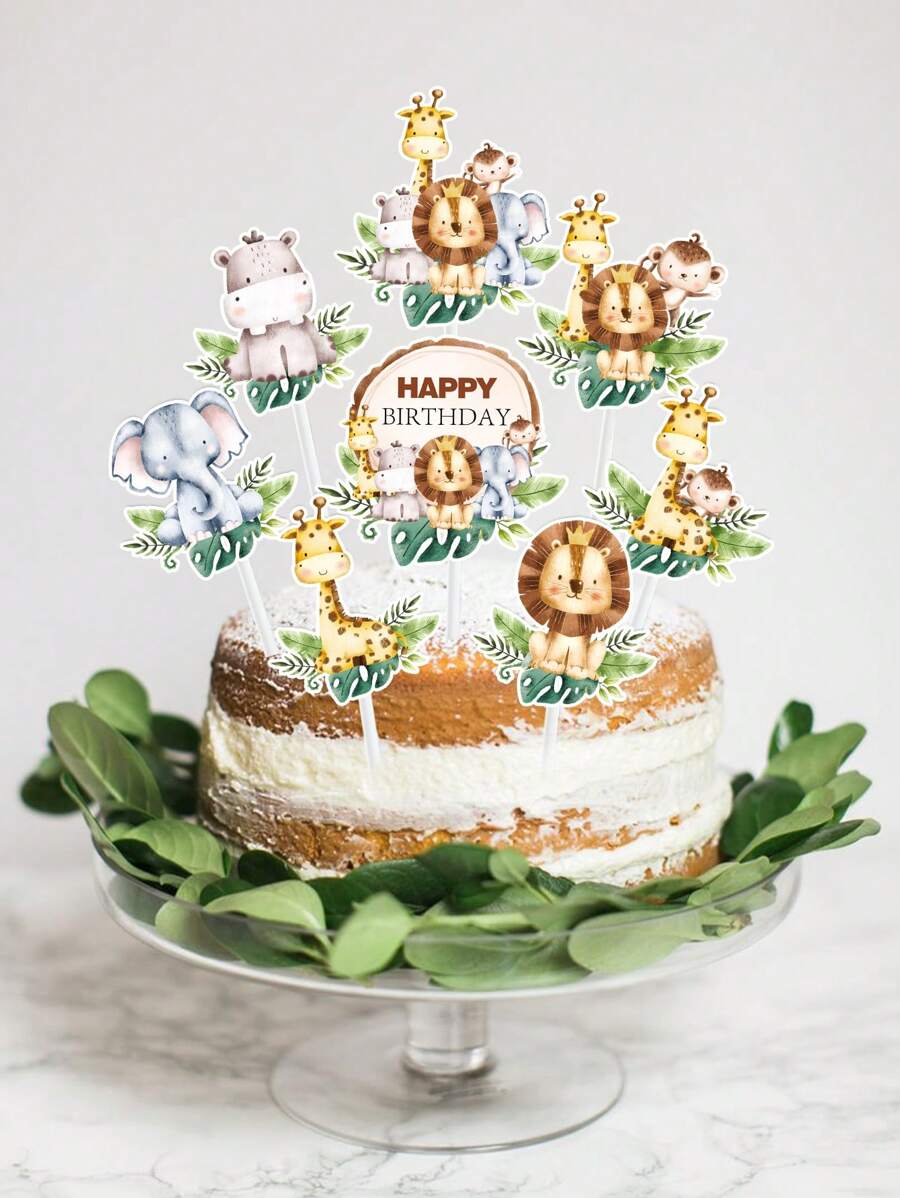 16pcs Jungle Animal Style Cake Topper, Animal Theme Boy And Girl's ...