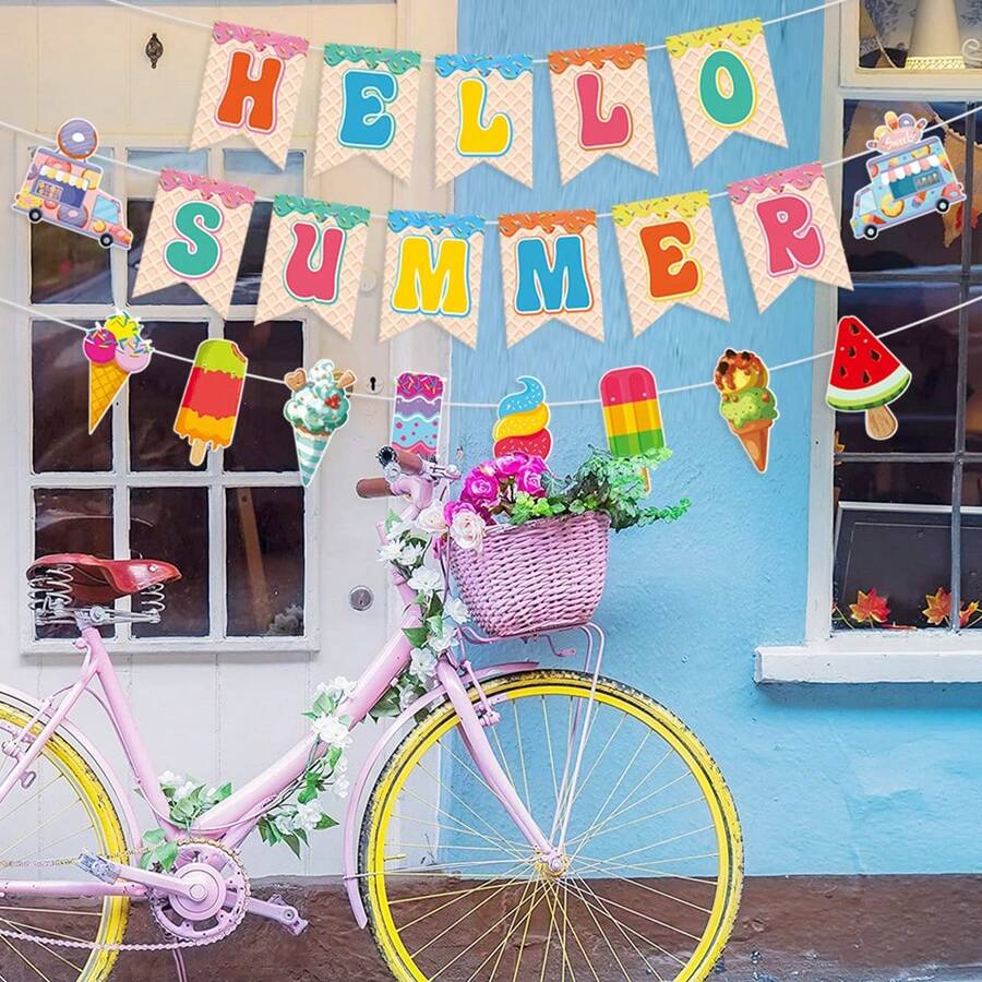 Hawaiian-Style Hello Summer Banner Decoration With Ice Cream, Donut ...