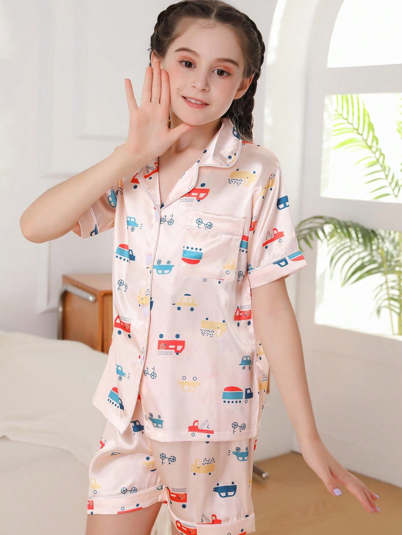 2pcs/Set Iced Silk Sleepwear For Tween Girls, Thin Short Sleeve Top ...