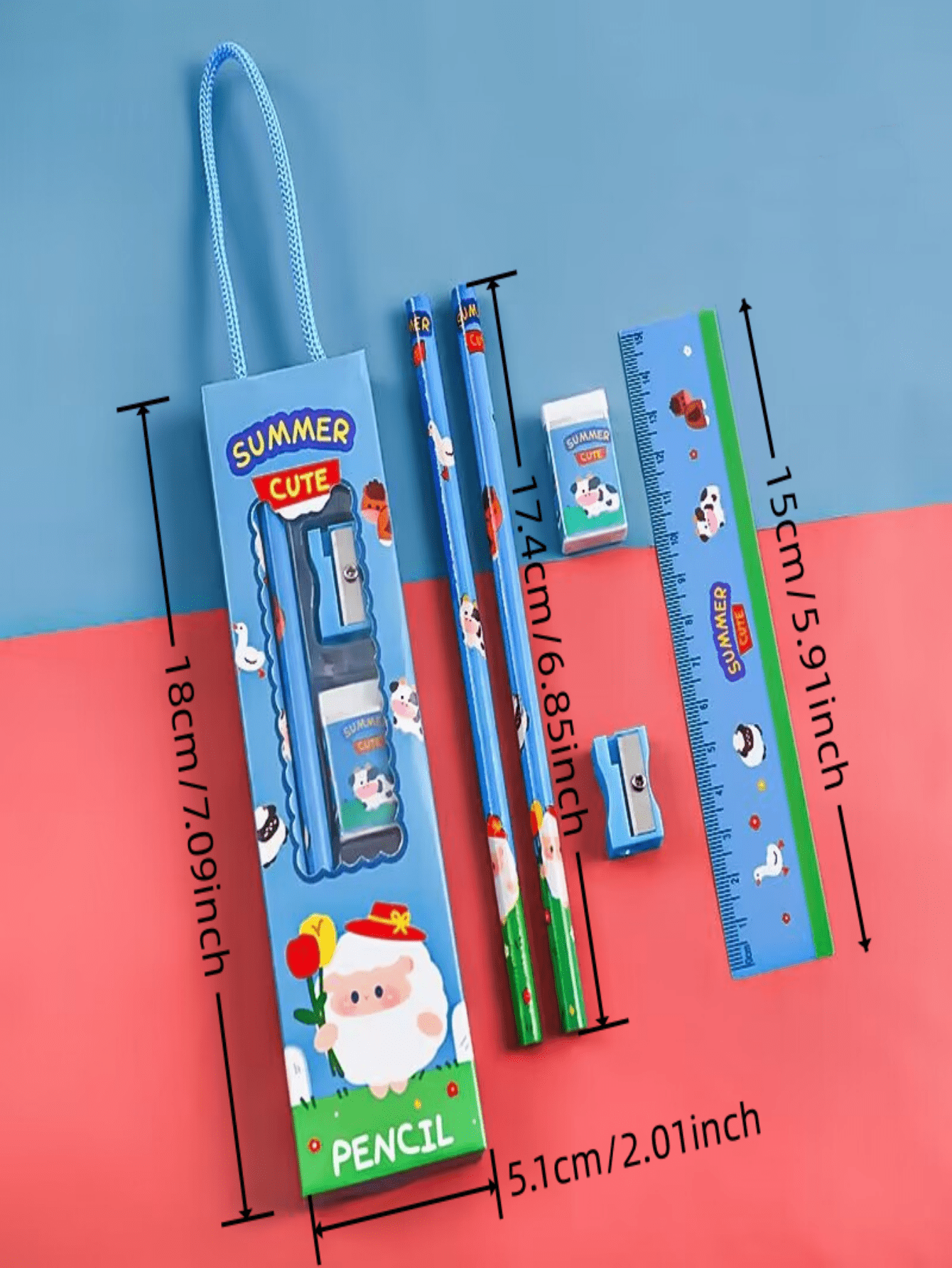 1pc Cartoon Stationery Set With 5 Pieces (2 Pencils, 1 Eraser, 1 Pencil ...