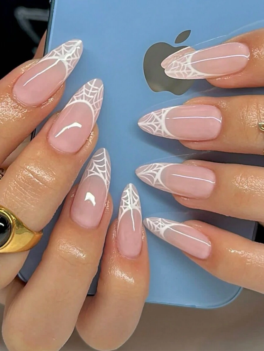 Transform Your Nails With 24pcs Medium Long Almond-Shaped White Spider ...