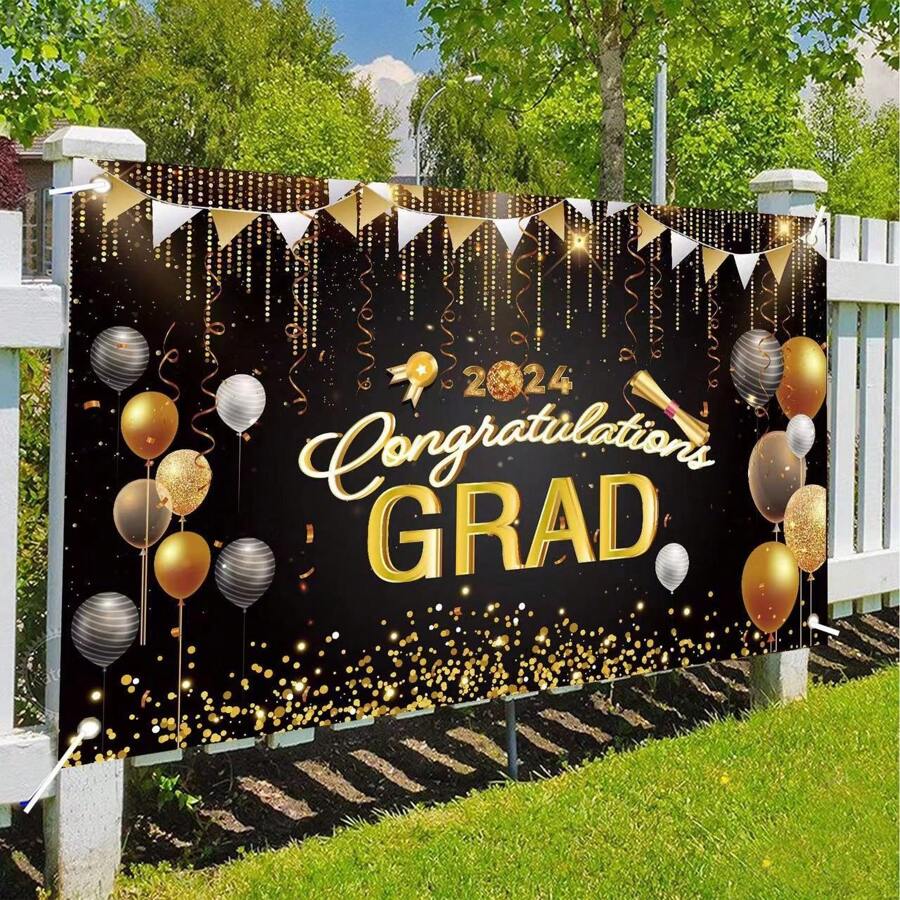 Whaline Class Of 2024 Graduation Backdrop Black Gold Glitter Large ...