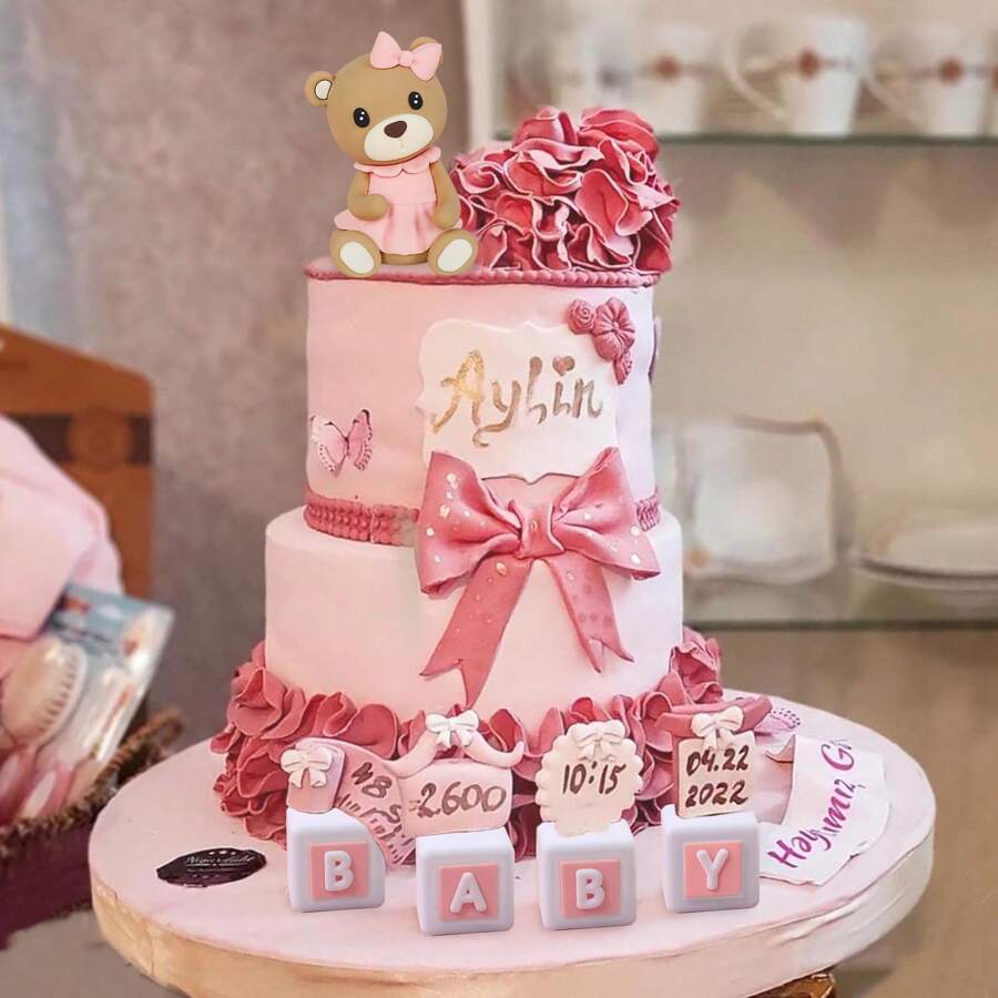 14Pcs Pink Bear Cake Toppers Mini Bear Gold Blue White Pearl Ball For B ...