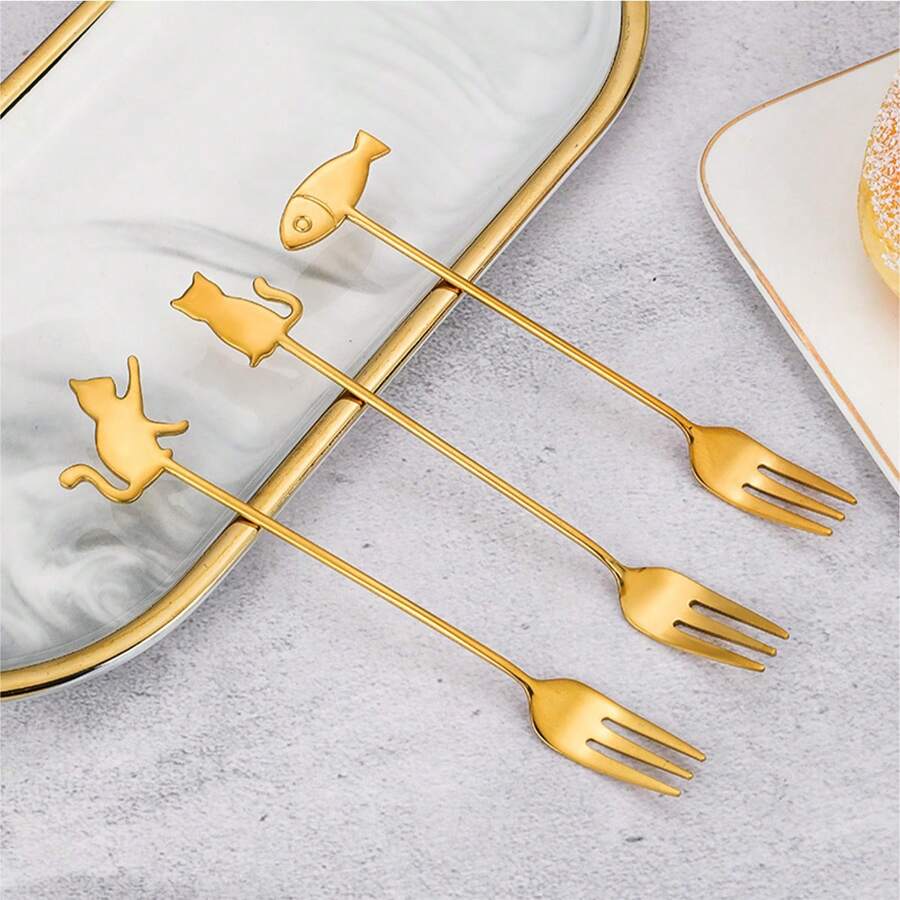 [1pc/Pack] Silver Cat Shaped Handle Creative Fruit Fork, Dessert Fork ...