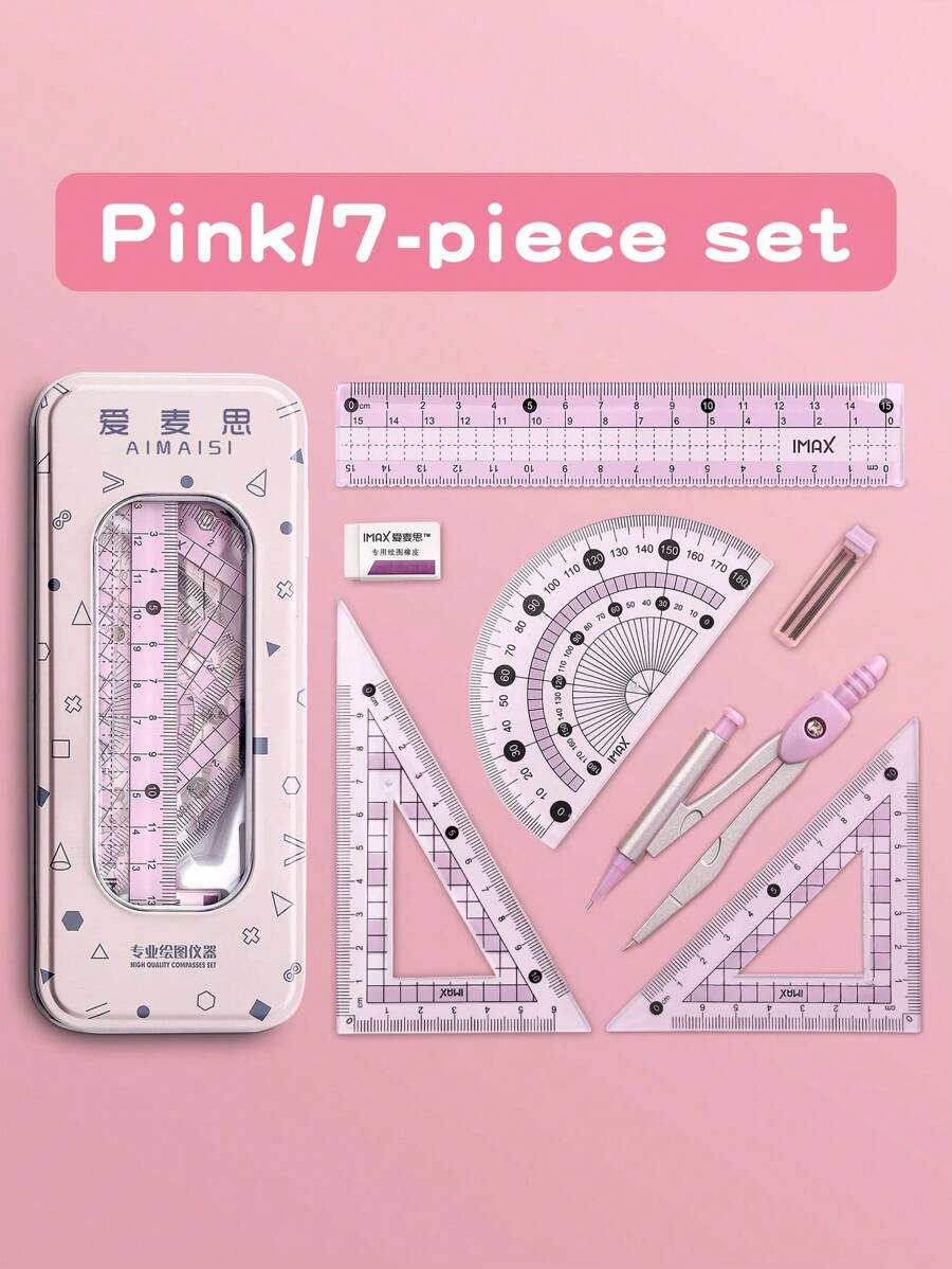 7pcs Geometry Tool Set: Ruler, Protractor, Triangle Ruler, Compass ...