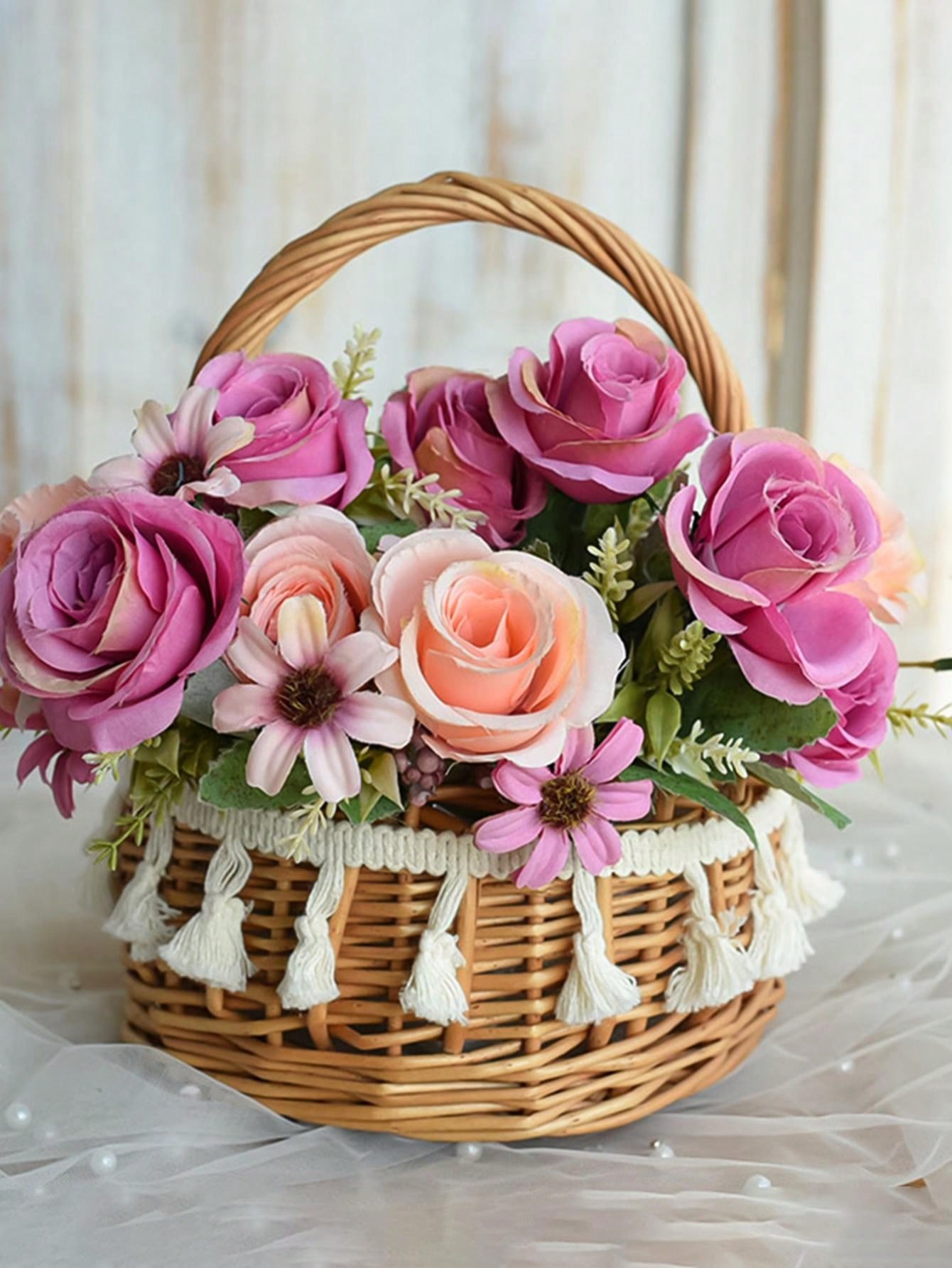 1pc, Tassel Round Wicker Woven Flower Basket, Bread Basket, Camping ...