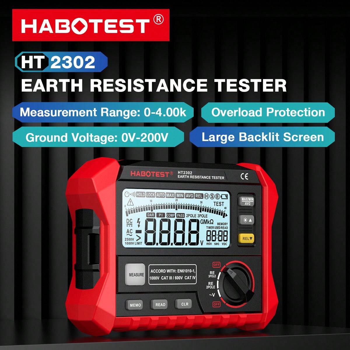 HABOTEST Earth Ground Resistance Tester HT2302 200V Digital Insulation ...
