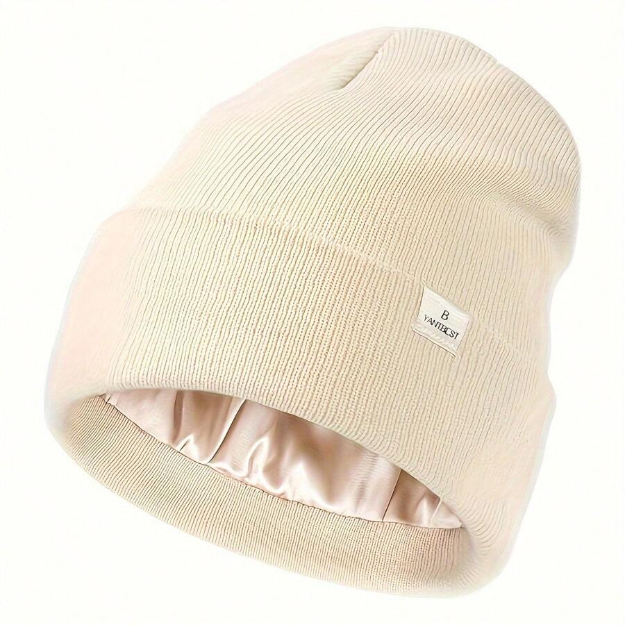 Women's Satin-Lined Knitted Beanie With Acrylic Material, Soft & Warm ...