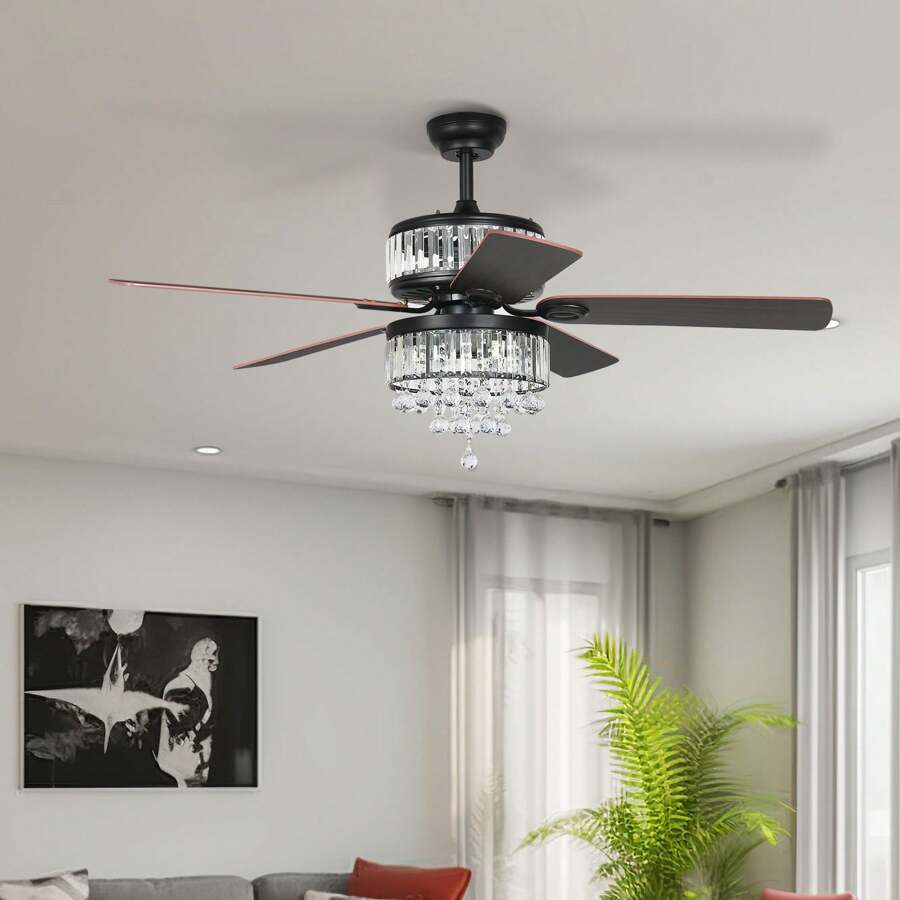 52 Inch Chandelier Ceiling Fan Light With Remote Indoor Crystal ...