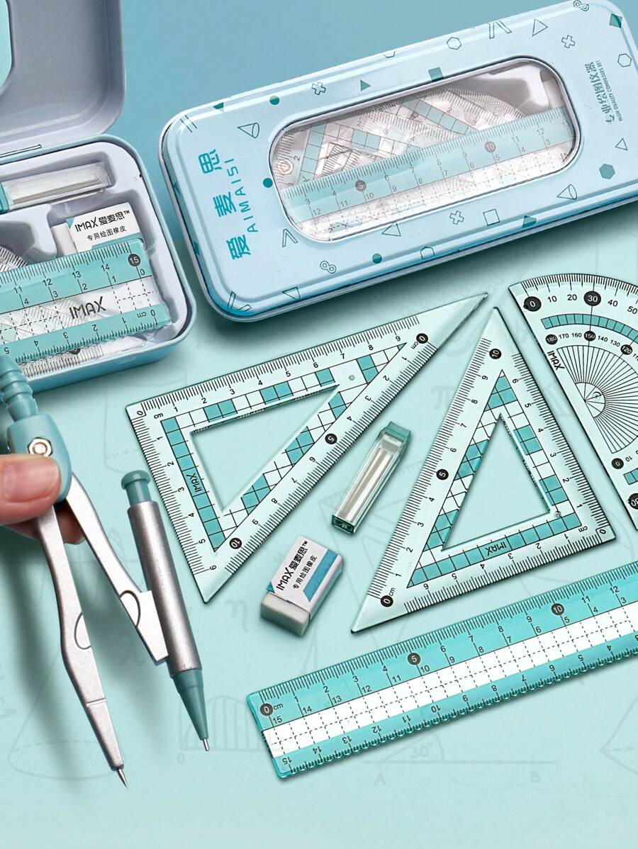 7pcs Geometry Tool Set: Ruler, Protractor, Triangle Ruler, Compass ...