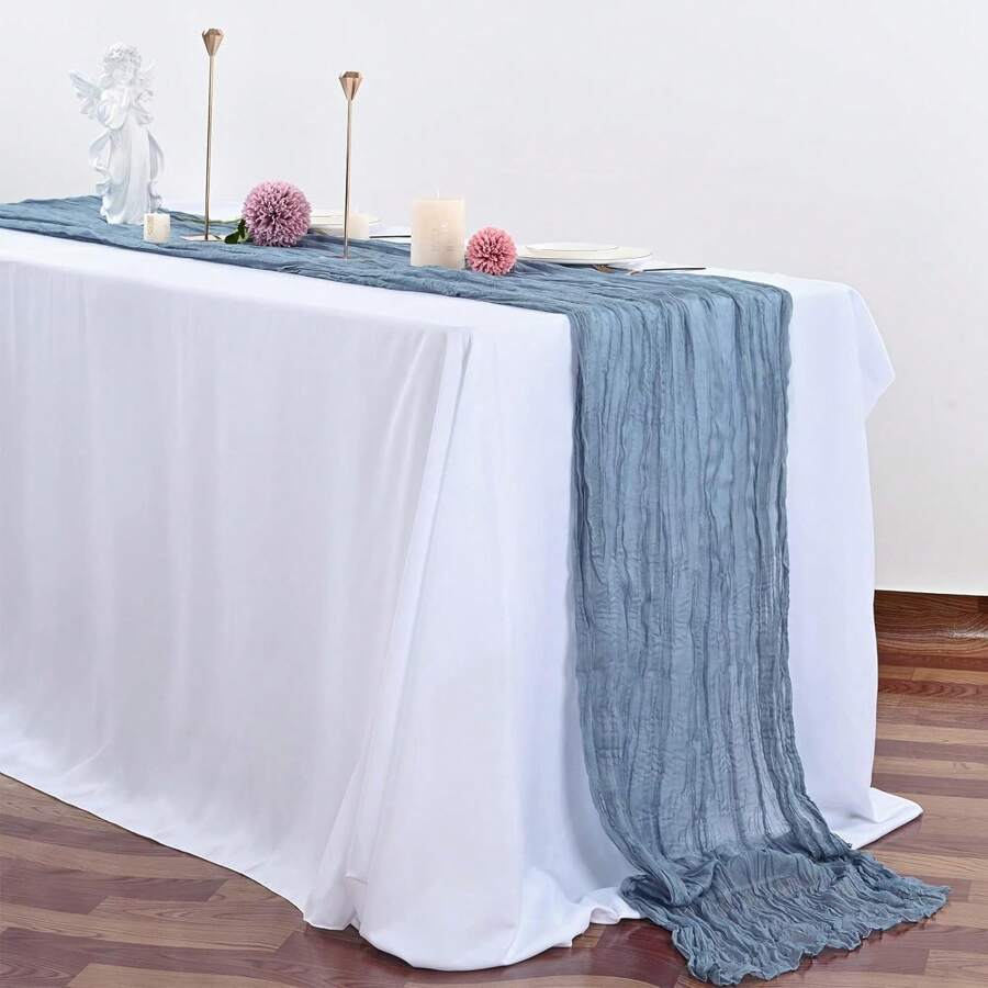 12pcs Misty Blue Linen-Look Table Runner With Crinkled Texture, Semi ...