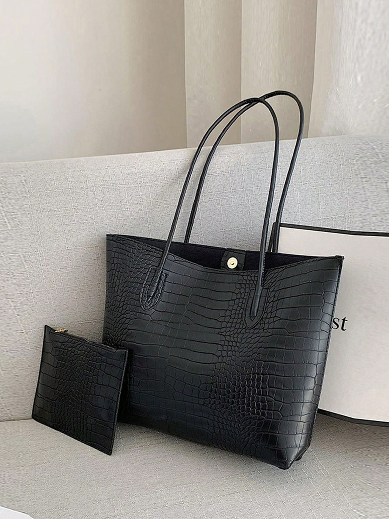 2pcs Minimalist Embossed Pattern Tote Bag, Stone Pattern PU Leather ...