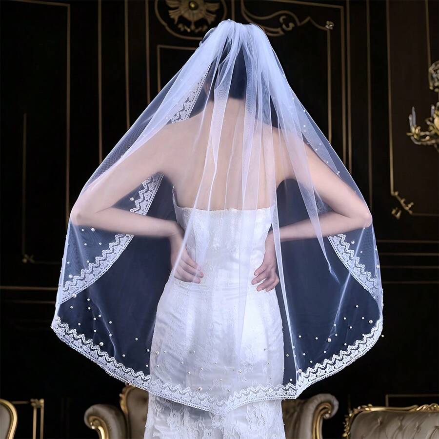 1pc New Handmade Lace & Pearl Decor Bridal Veil With Comb, Romantic ...