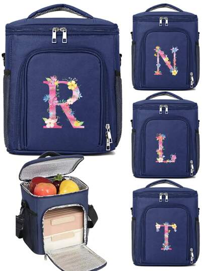 Double Layered Lunch Bag Insulated Cooler Box Pink Letter Flower Print ...