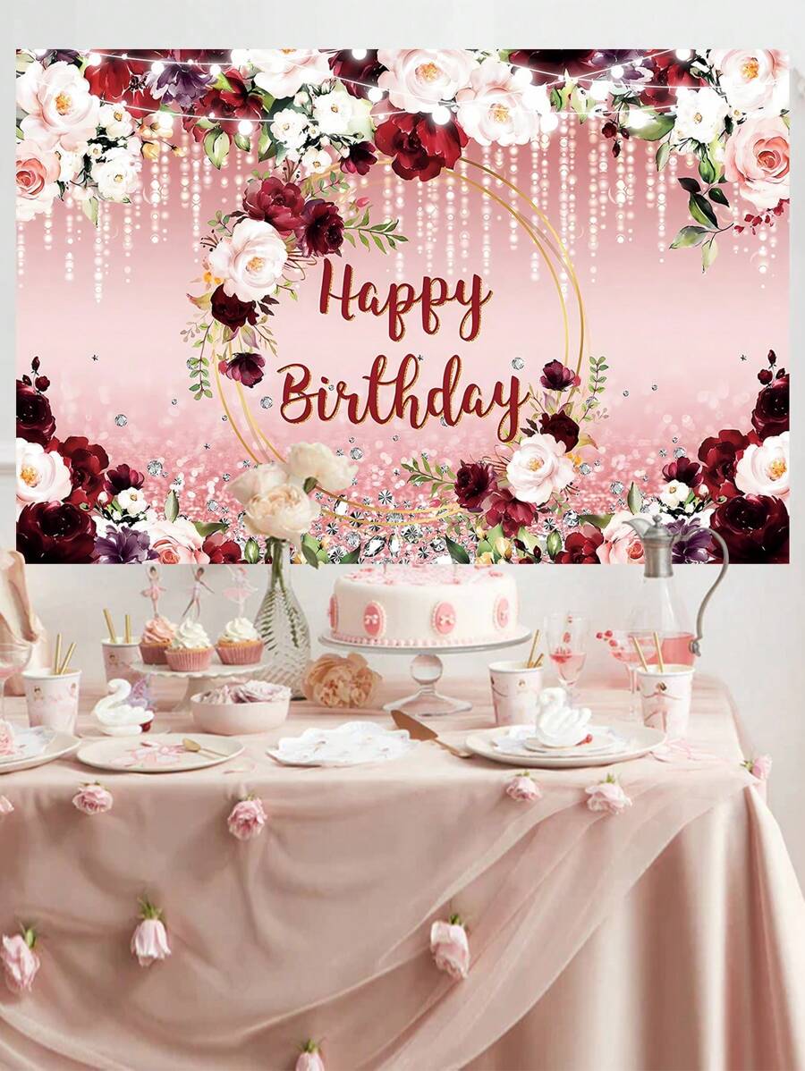 1pc Polyester Floral Birthday Backdrop,Happy Birthday Party Decorations ...