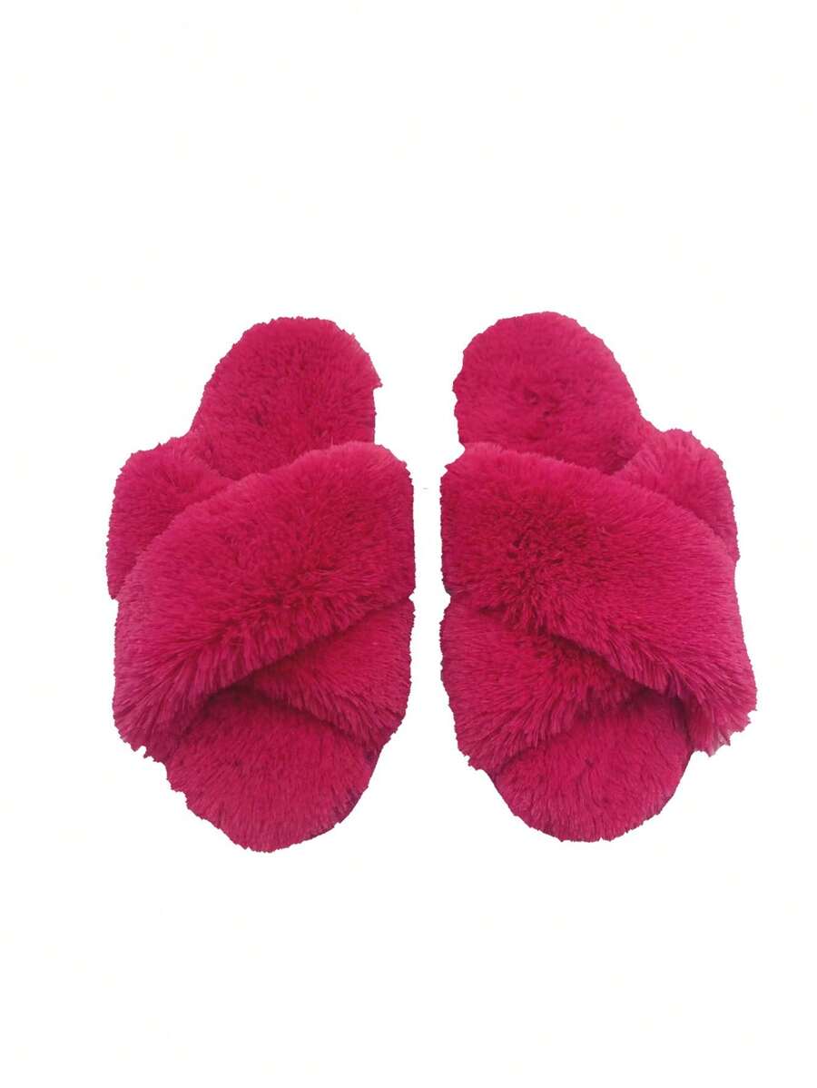 Ladies' Faux Rabbit Fur Cross Band Slipper, Hot Pink | SHEIN USA