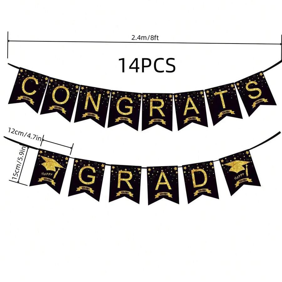 Pre-Strung Congrats Grad Banner - Gold Glitter Graduation Party Banner ...