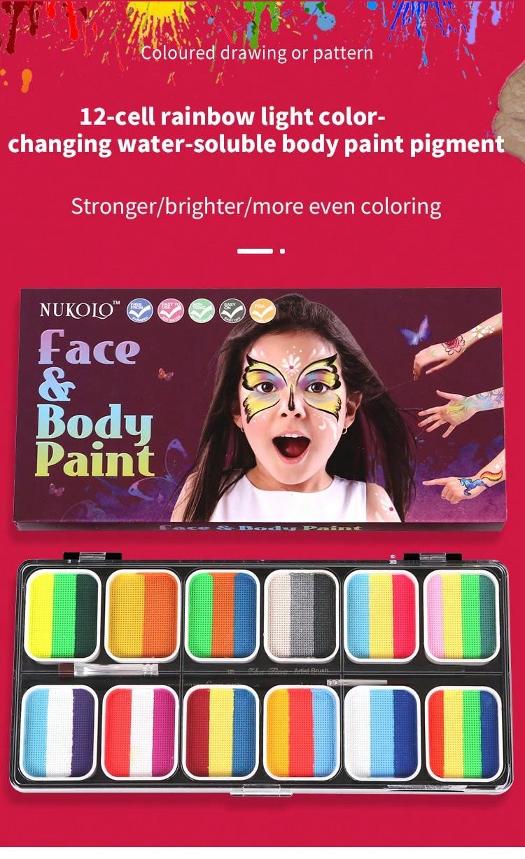 12 Grids 60 Colors Rainbow Body Paint Palette, Water-Soluble Face Painting Set, Quick-Drying ...