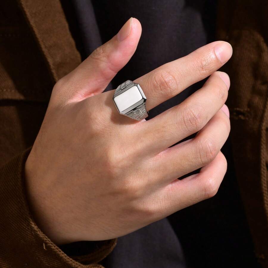 1pc Simple Hip-Hop Style Matte Stainless Steel Cast Rectangle Ring For ...
