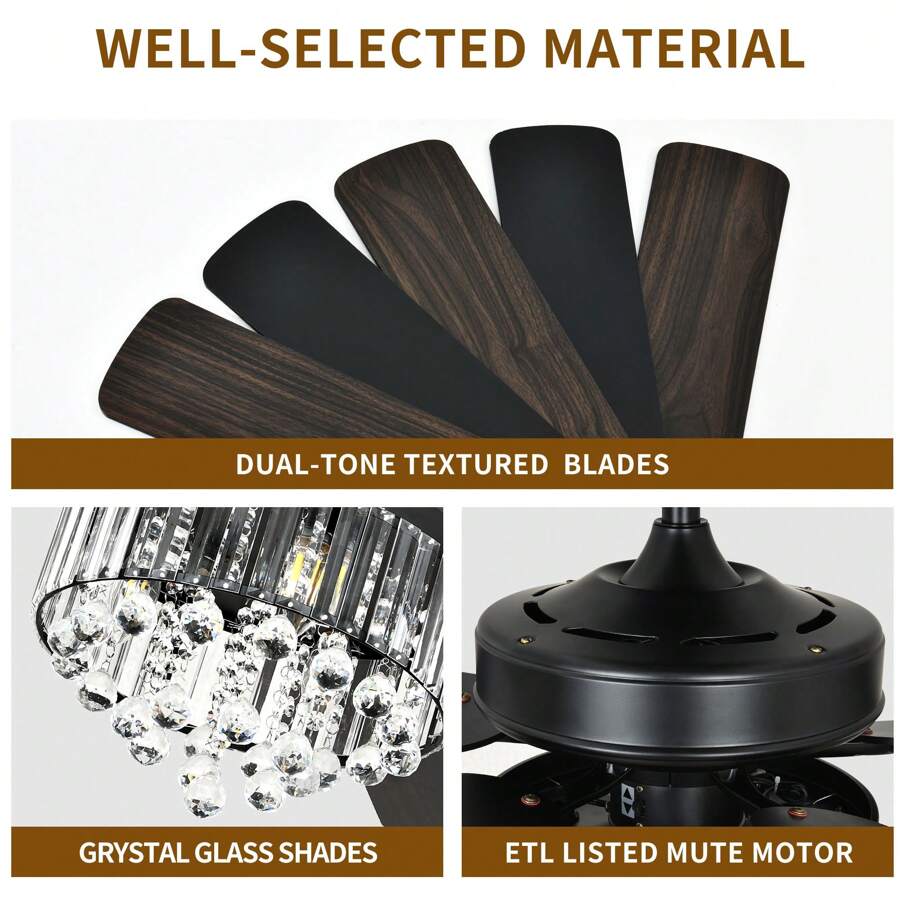 52 Inch Chandelier Ceiling Fan With Light And Remote, Indoor Crystal ...