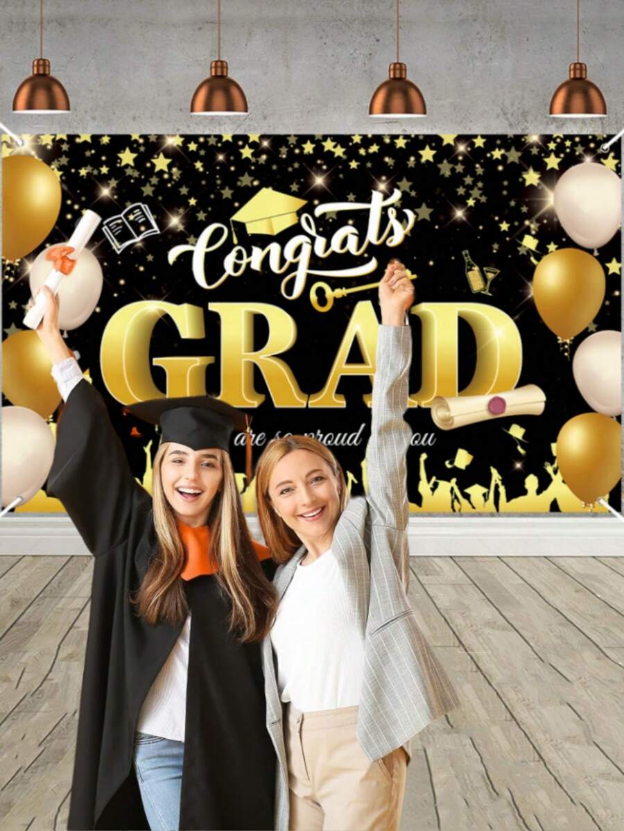Congrats Grad Flag Graduation Banner 3.6x5.9Ft,Black And Gold Glitter ...