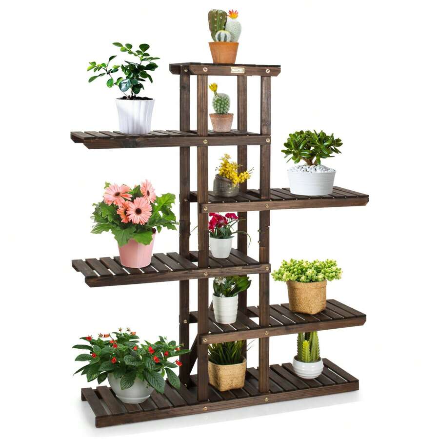 Gymax Wood Plant Stand 6 Tier Vertical Shelf Flower Display Rack Holder ...