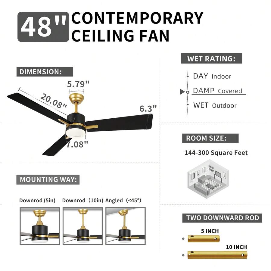 48 Inch Ceiling Fan With Light Remote And APP Control, Modern Dimmable ...