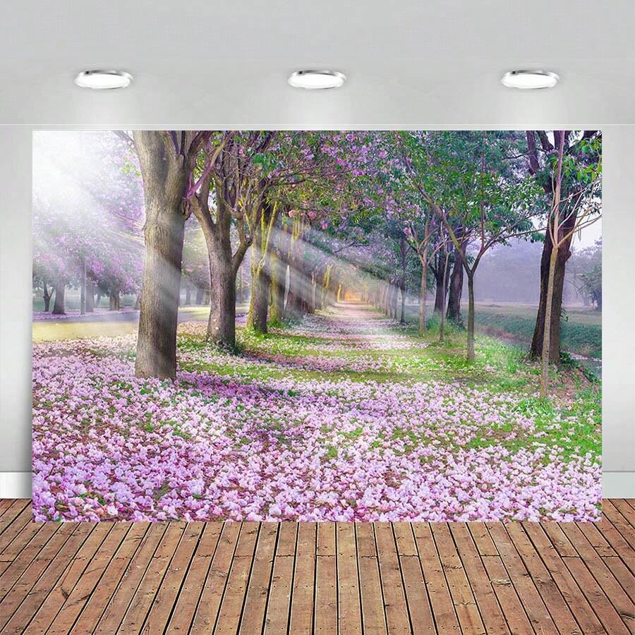 Pink Flowers Trees Path Scenic Photography Backdrops Spring Theme ...