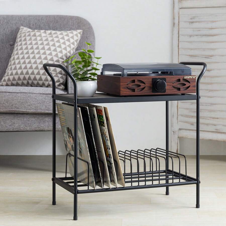 Black Metal Record Player Stand With Gray Wood Top Display Shelf, Holds ...