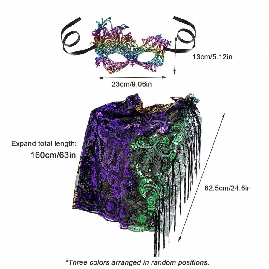 2pcs Mardi Gras Poncho Sequin Shawl Scarf With Mardi Gras Mask ...