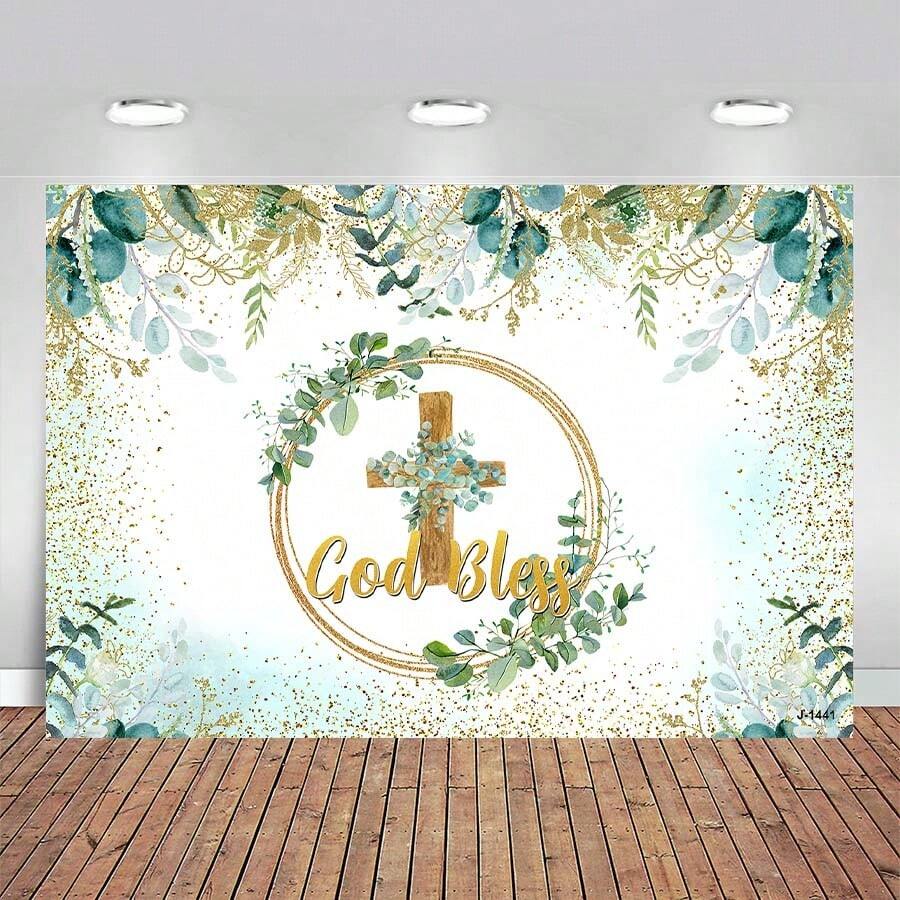 God Bless Green Leaves Baptism First Holy Backdrops Golden Cross ...