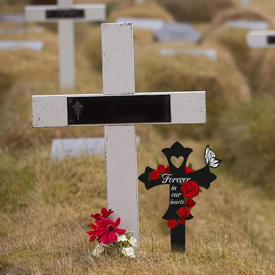 1pc Red Rose Butterfly Design-Acrylic Cross Plaque Memorial Stakes ...