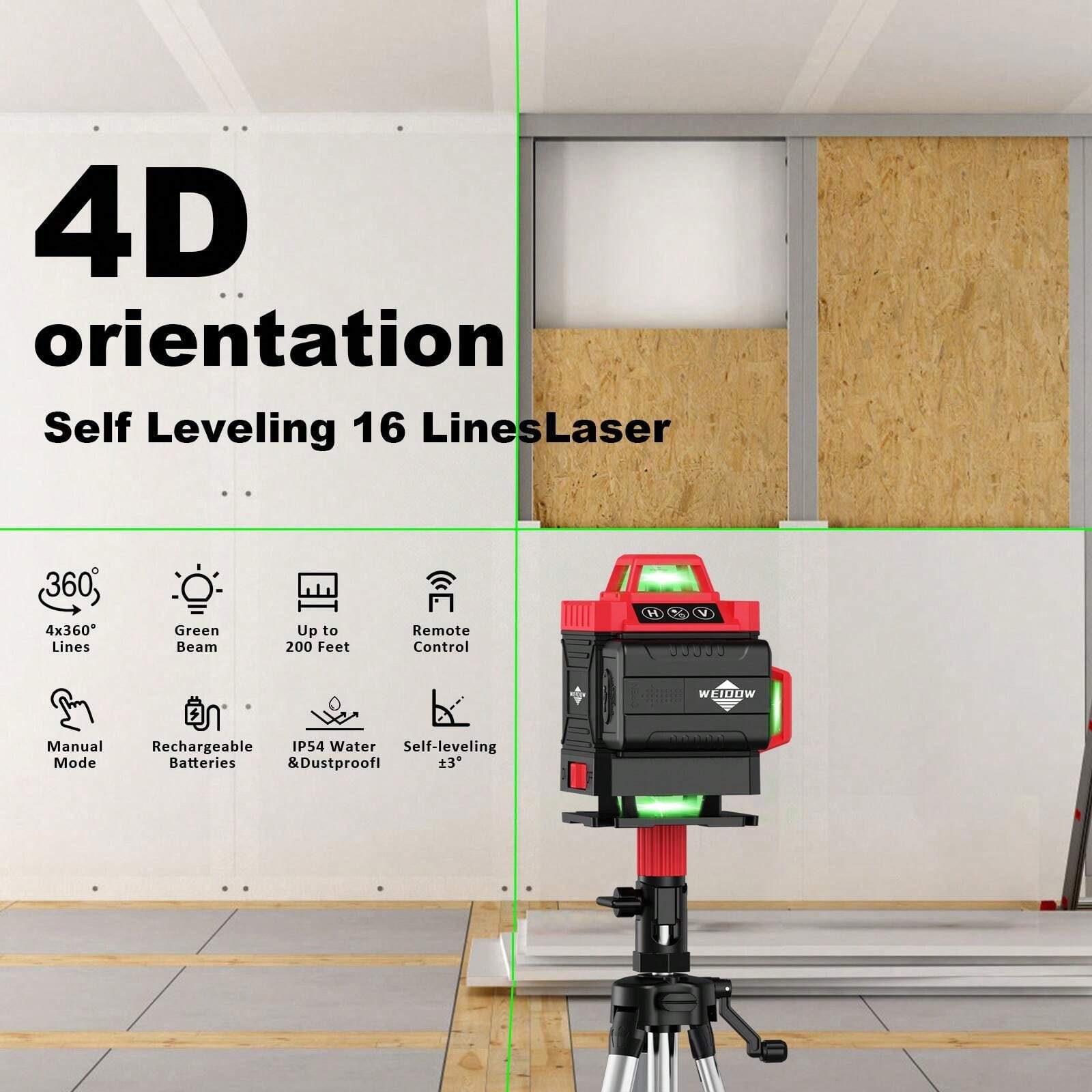 WEIDDW 16-Line High-Strength Green Light Laser Level With Accessories, 360° Rotary Large ...
