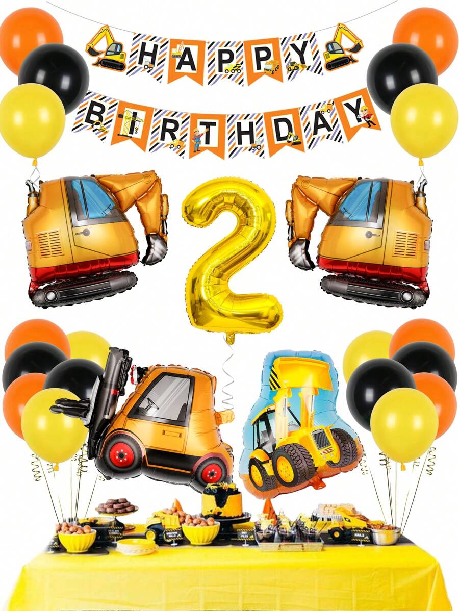 24pcs Construction Vehicle Themed Kit With Birthday Banner, Bulldozer ...