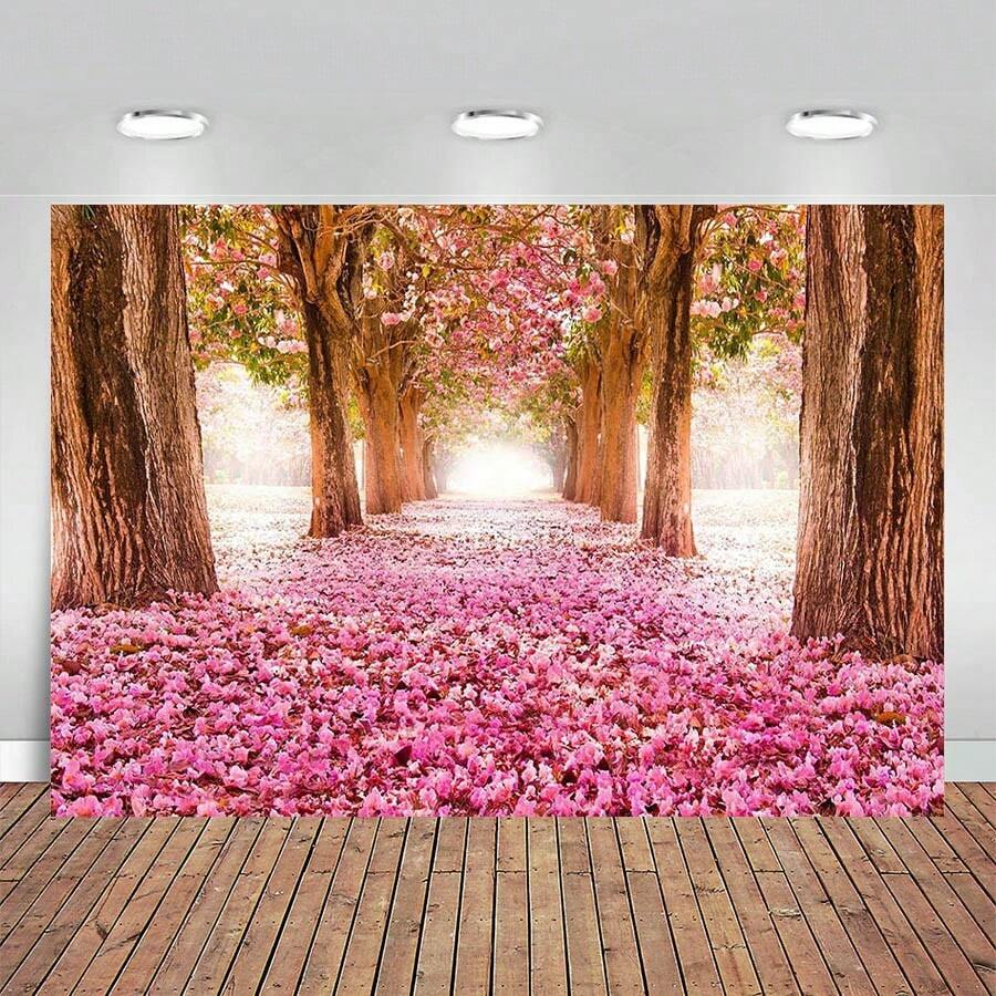 Pink Flowers Trees Path Scenic Photography Backdrops Spring Theme ...