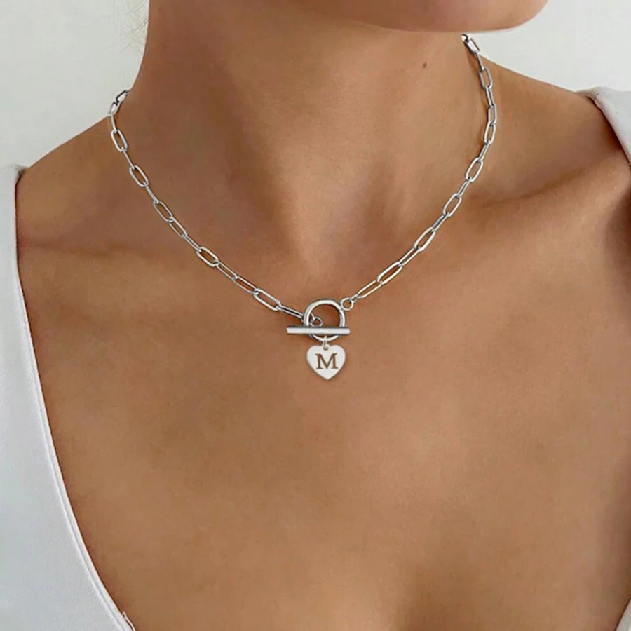1pc Stainless Steel Heart Initial Pendant Toggle Clasp Chain Necklace ...