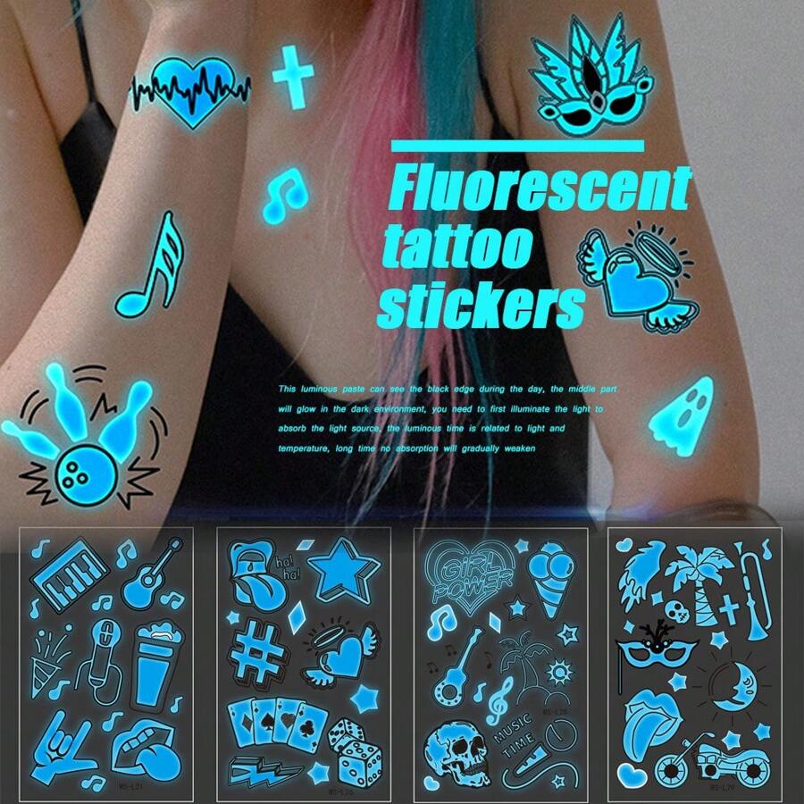 12pcs/Set Blue Glow-In-The Dark Tattoo Sticker Nightclub Bar Music ...