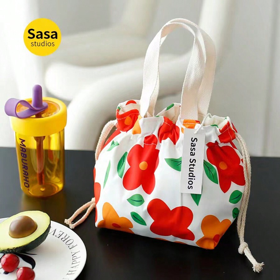 Cute Floral Drawstring Lunch Bag With Handle, Japanese-Style Portable ...