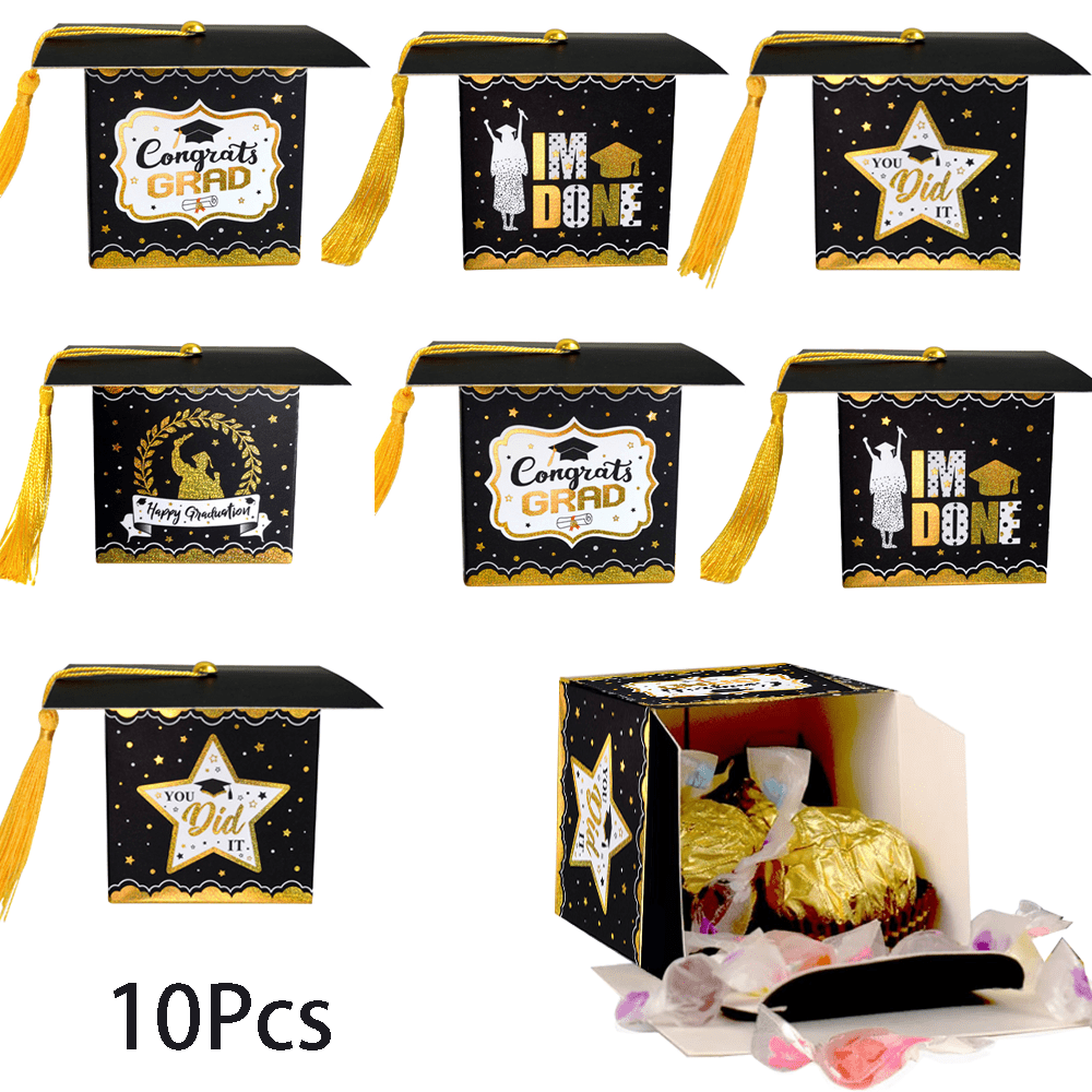 10PCS Graduation Cap Gift Box With Tassels Grad Treat Boxes Glitter ...