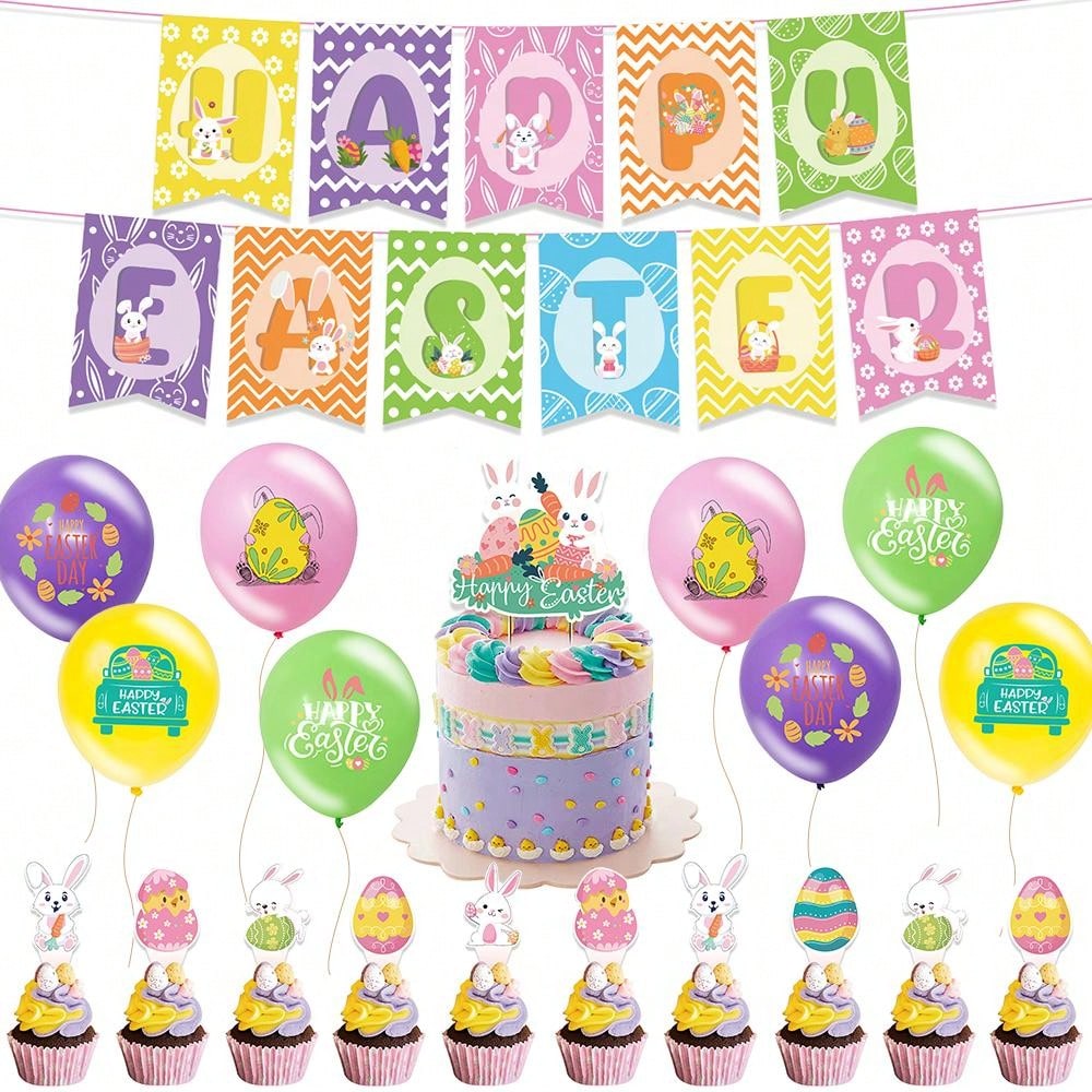 Easter Bunny Themed Party Supplies Set Including Bunny Banner, Spiral ...