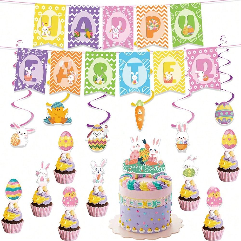 Easter Bunny Themed Party Supplies Set Including Bunny Banner, Spiral ...