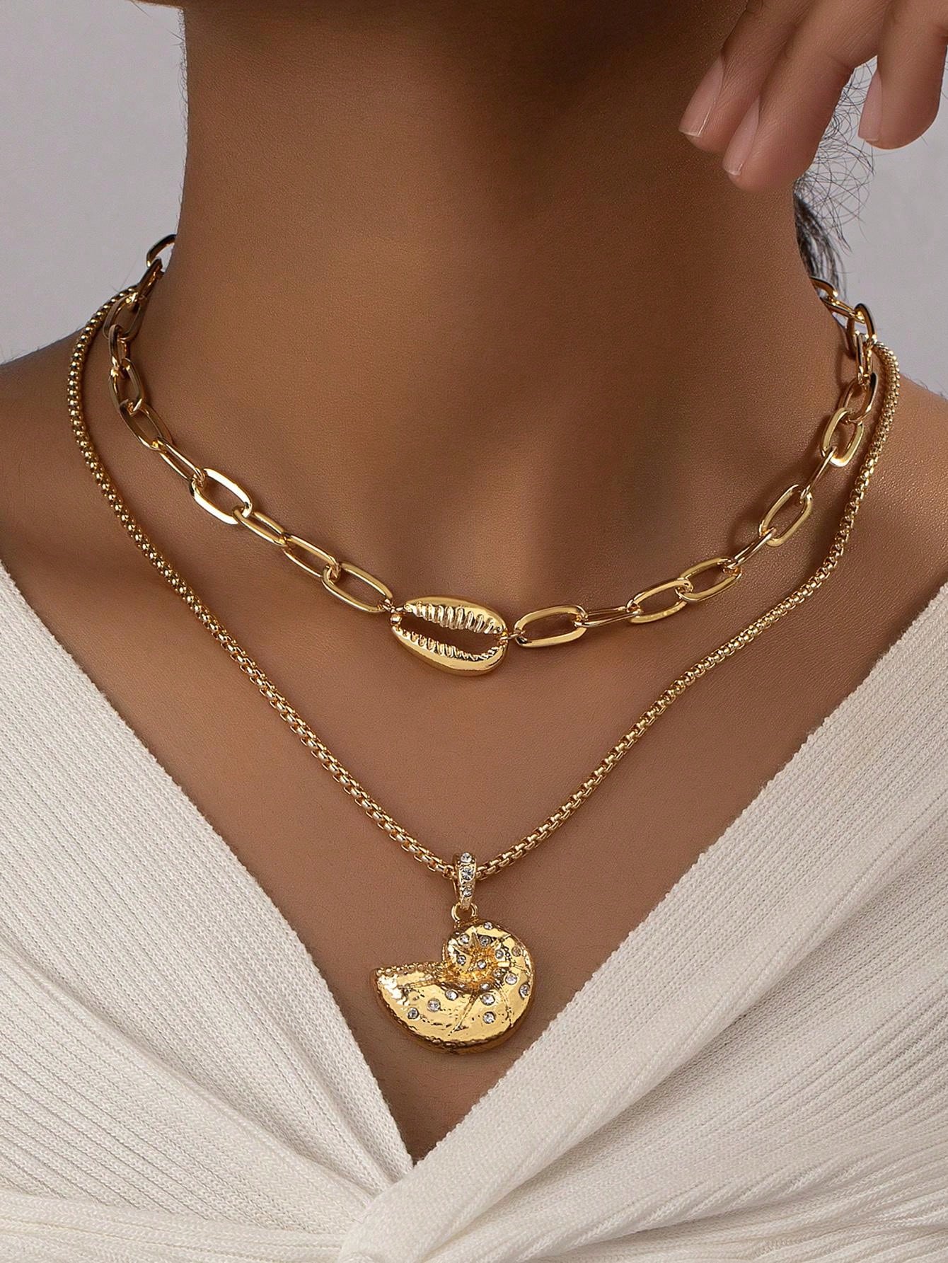 A Cross-Border Retro Light Luxury Double Layered Shell Neck Chain ...