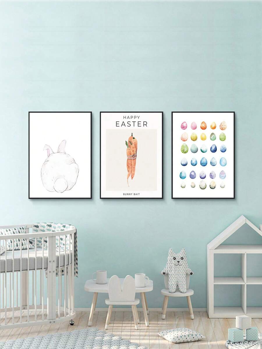 3pcs Minimalist Rabbit, Carrot And Patterned Easter Wall Art ...
