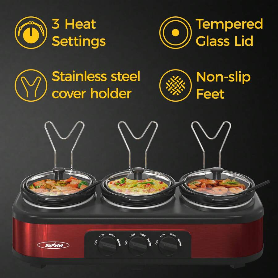 Sunvivi Multifunction 4.5 QT Triple Slow Cooker Buffet Server 3 Pot ...