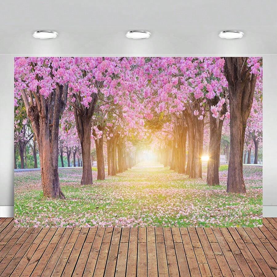 Pink Flowers Trees Path Scenic Photography Backdrops Spring Theme ...