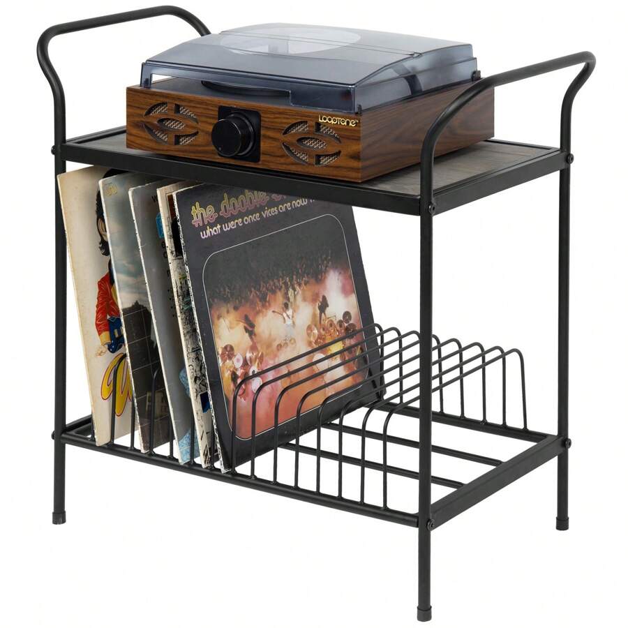 Black Metal Record Player Stand With Gray Wood Top Display Shelf, Holds ...