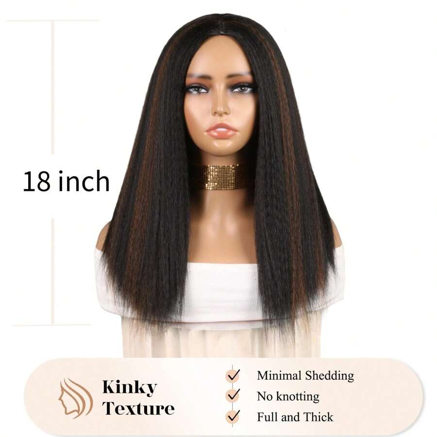Kinky Straight Wig Highlight Brown Yaki Straight Wigs Middle Part Synthetic Wig For Glueless ...