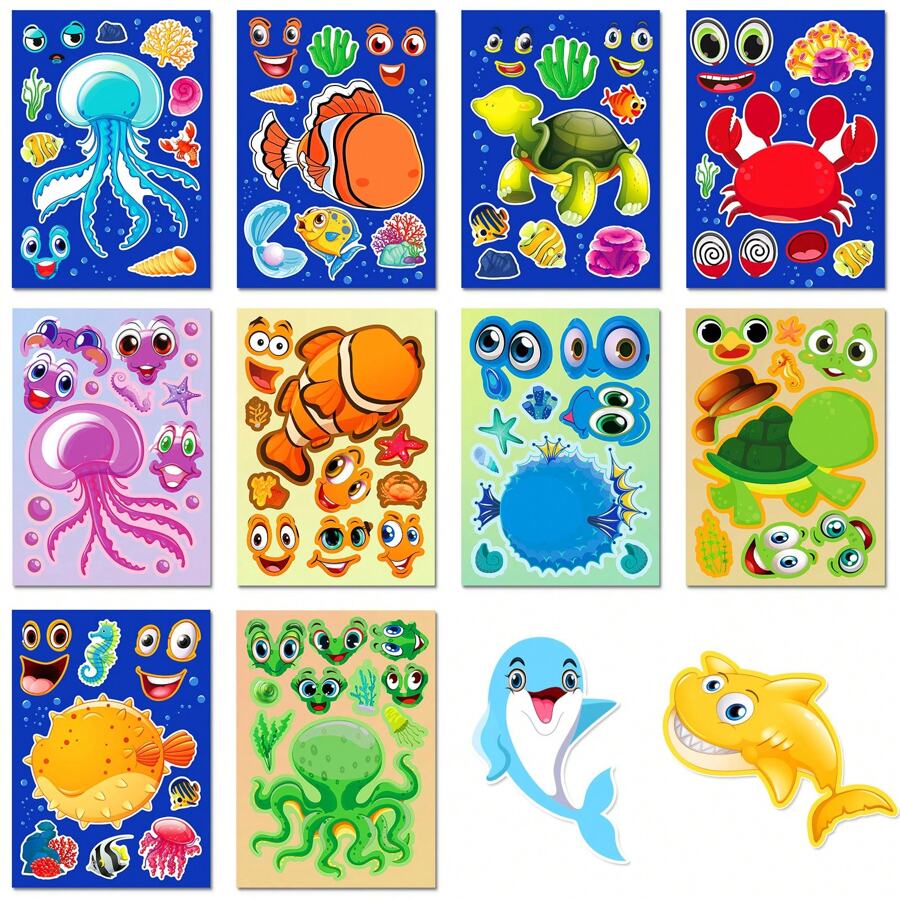 12 Sheets Make Your Own Animal Stickers, Cute Oceans Animal Shark ...